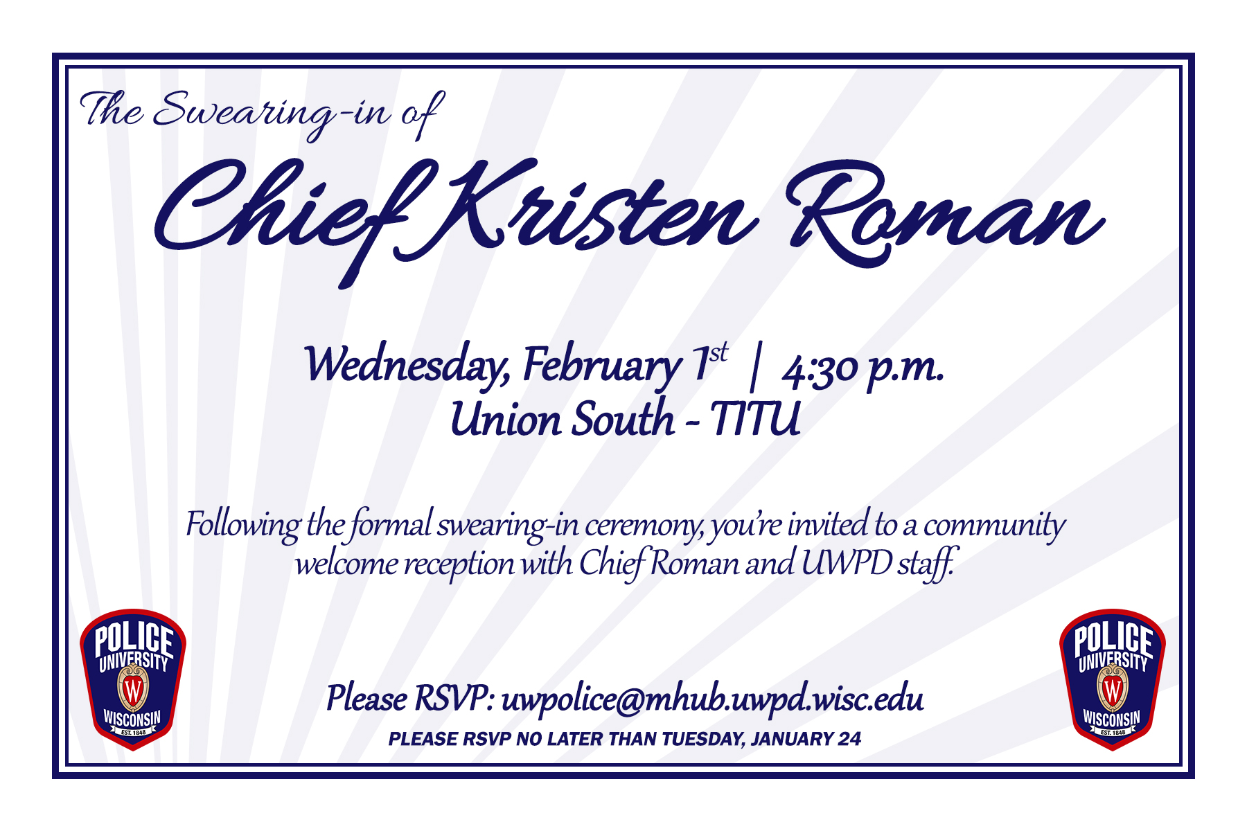 Invitation To The Swearing in Of UW Madison Police Chief Kristen Roman